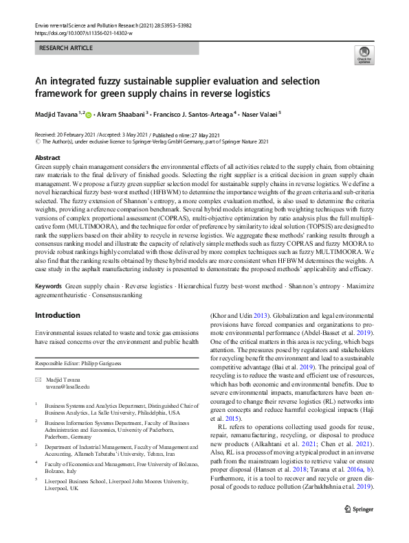 Pdf An Integrated Fuzzy Sustainable Supplier Evaluation And Selection Framework For Green