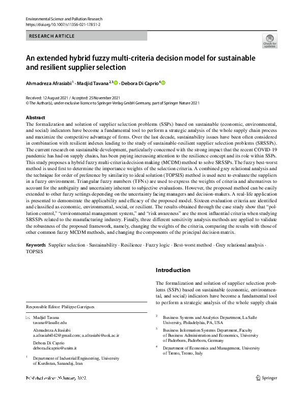 Pdf An Extended Hybrid Fuzzy Multi Criteria Decision Model For Sustainable And Resilient