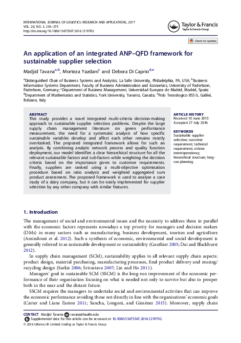 Pdf An Application Of An Integrated Anp Qfd Framework For Sustainable