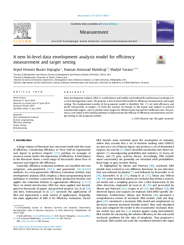 (PDF) A new bi-level data envelopment analysis model for efficiency measurement and target setting