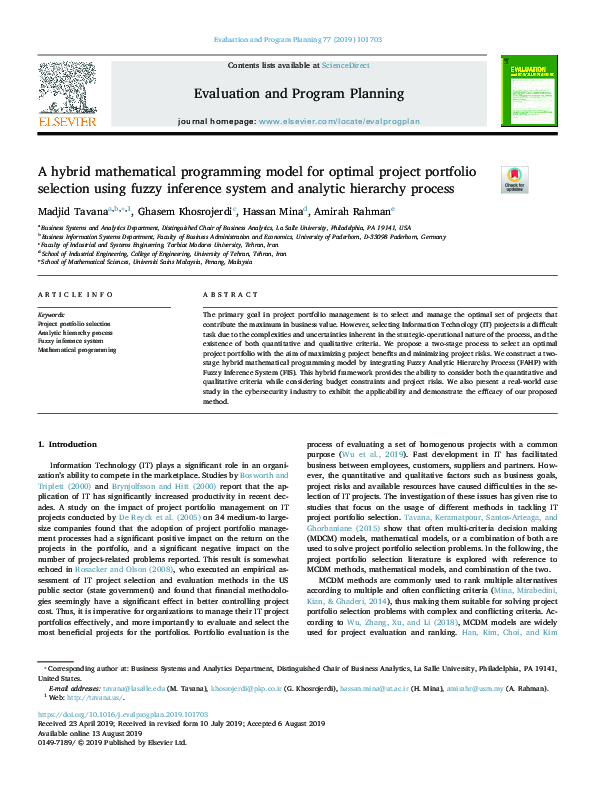 (PDF) A hybrid mathematical programming model for optimal project portfolio selection using ...