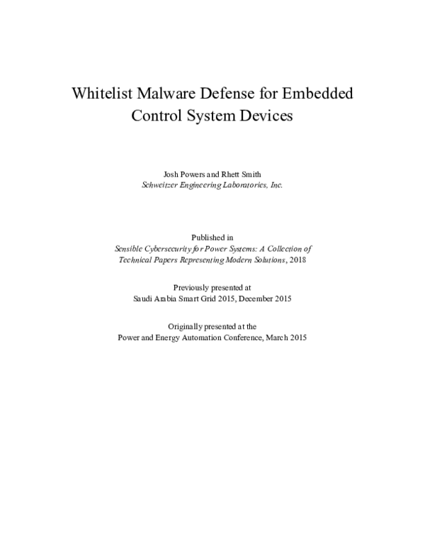 (PDF) Whitelist malware defense for embedded control system devices