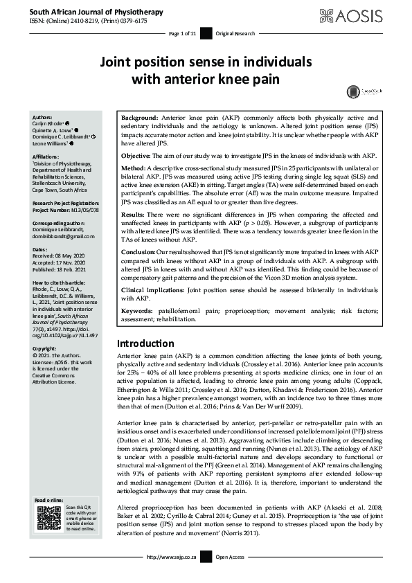 (PDF) Joint position sense in individuals with anterior knee pain