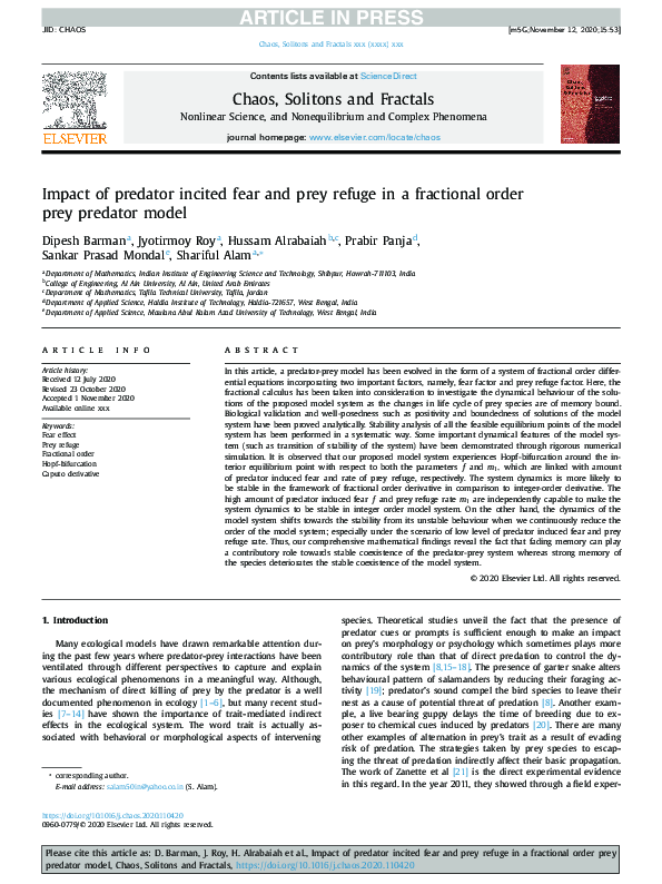 (PDF) Impact of predator incited fear and prey refuge in a fractional ...