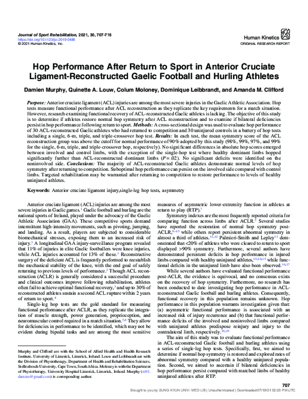 (PDF) Hop Performance After Return to Sport in Anterior Cruciate ...