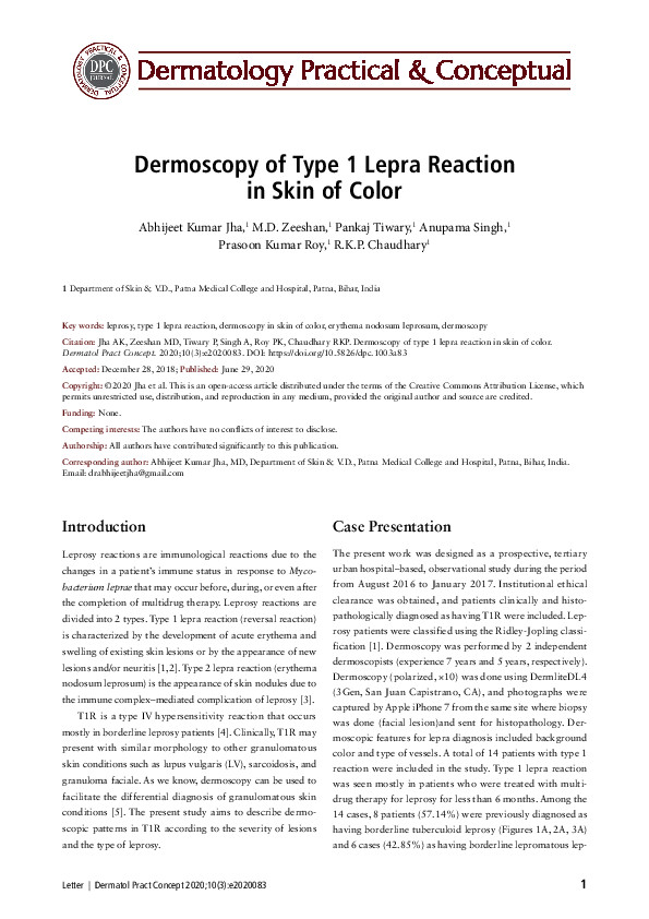 (PDF) Dermoscopy of Type 1 Lepra Reaction in Skin of Color