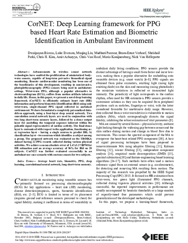 Pdf Cornet Deep Learning Framework For Ppg Based Heart Rate Estimation And Biometric