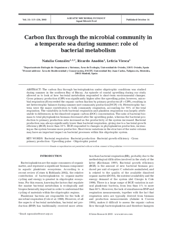 (PDF) Carbon flux through the microbial community in a temperate sea ...