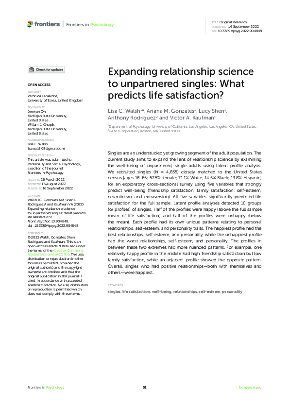 (PDF) Expanding relationship science to unpartnered singles: What ...