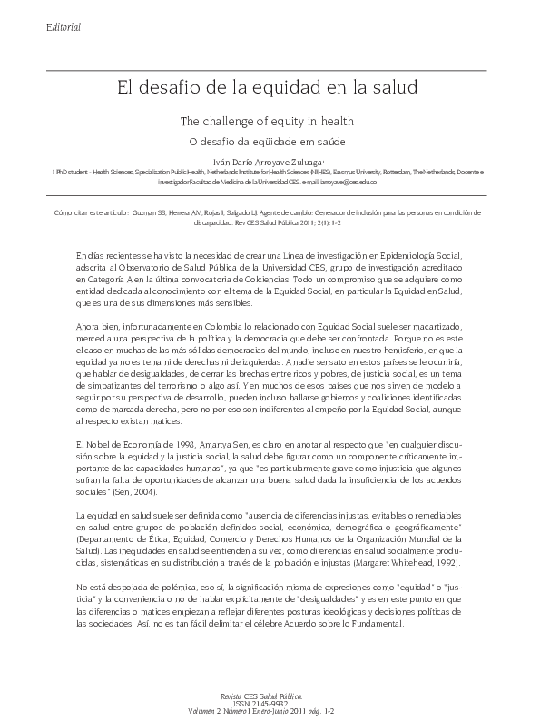 (PDF) El desafio de la equidad en la salud ---The challenge of equity ...
