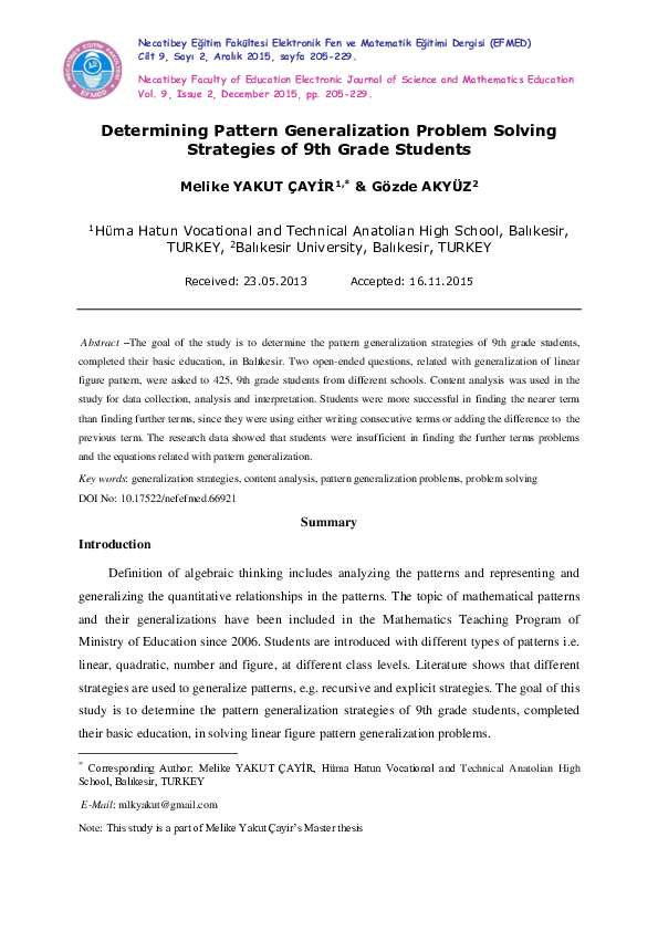 (PDF) Determining Pattern Generalization Problem Solving Strategies of 9th Grade Students