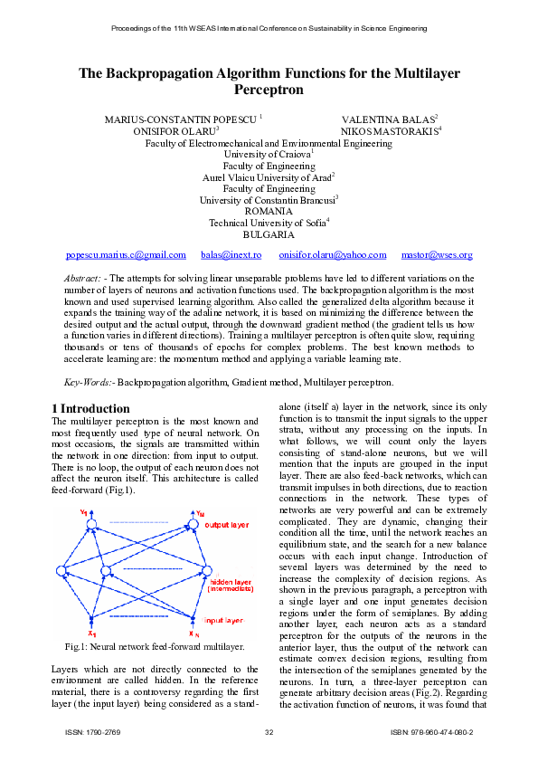 Pdf The Backpropagation Algorithm Functions For The Multilayer Perceptron