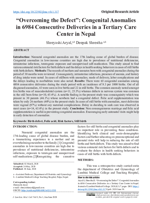 (PDF) “Overcoming the Defect”:A Perinatal Review of Congenital ...