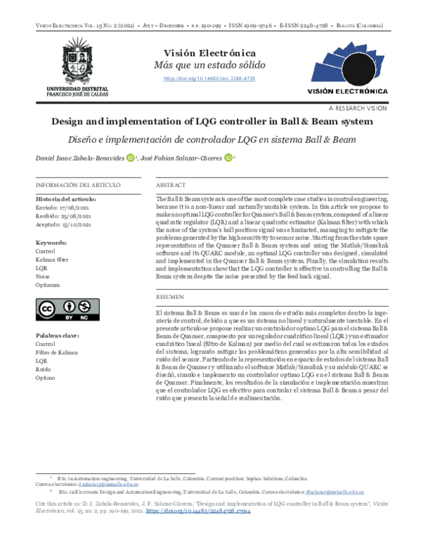 (PDF) Diseño e implementación de controlador LQG en sistema Ball & Beam