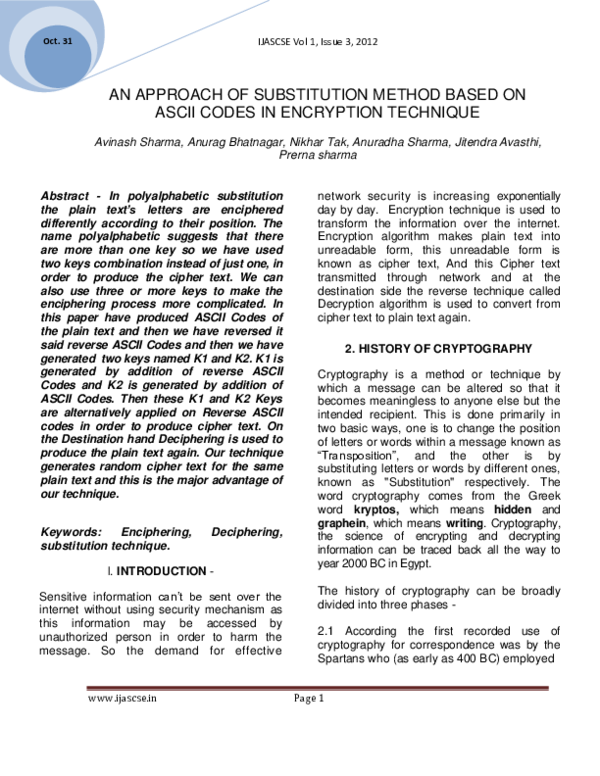 Pdf An Approach Of Substitution Method Based On Ascii Codes In Encryption Technique Prerna 