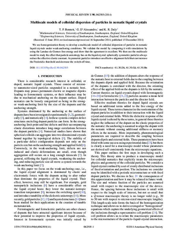 (PDF) Multiscale models of colloidal dispersion of particles in nematic liquid crystals