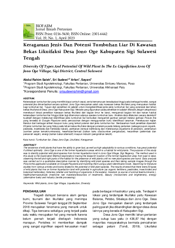 (PDF) Keragaman Jenis Dan Potensi Tumbuhan Liar DI Kawasan Bekas Likuifaksi Desa Jono Oge ...