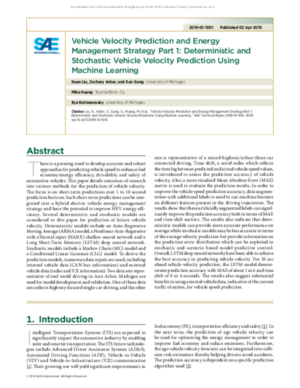 Pdf Vehicle Velocity Prediction And Energy Management Strategy Part 1