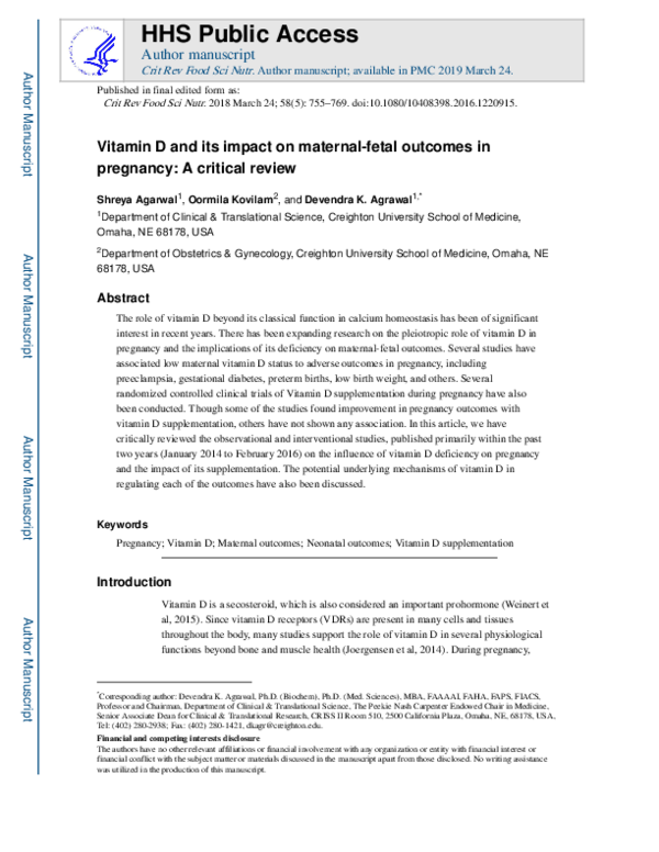 (PDF) Vitamin D and its impact on maternal-fetal outcomes in pregnancy: A critical review