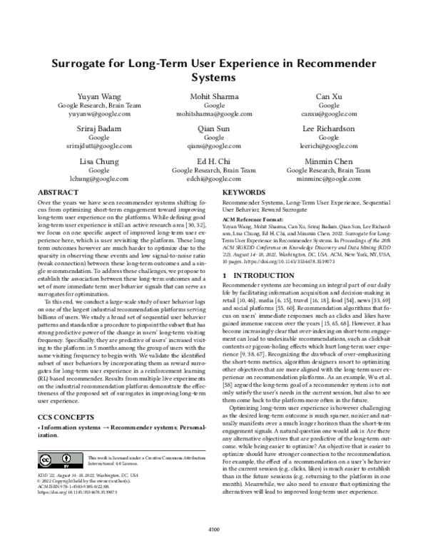 (PDF) Surrogate for Long-Term User Experience in Recommender Systems