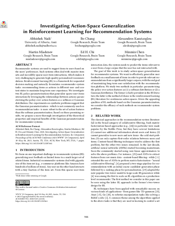 Pdf Investigating Action Space Generalization In Reinforcement Learning For Recommendation Systems