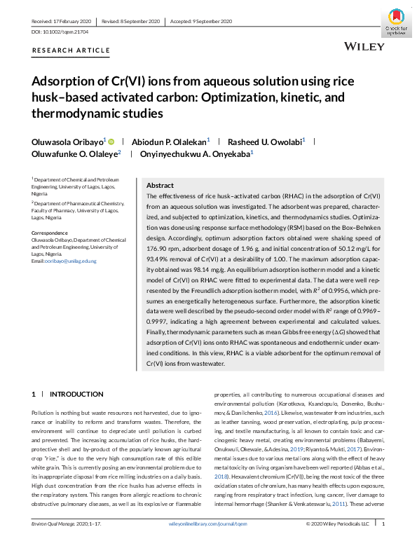 (PDF) Adsorption of Cr(VI) ions from aqueous solution using rice husk–based activated carbon ...