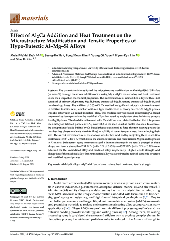 Pdf Effect Of Al2ca Addition And Heat Treatment On The Microstructure Modification And Tensile