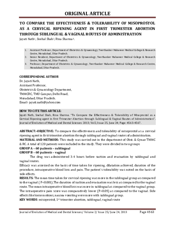 (PDF) To Compare the Effectiveness & Tolerability of Misoprostol as a ...