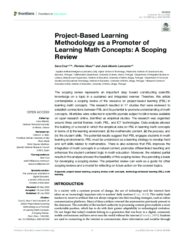 (PDF) Project-Based Learning Methodology as a Promoter of Learning Math Concepts: A Scoping Review