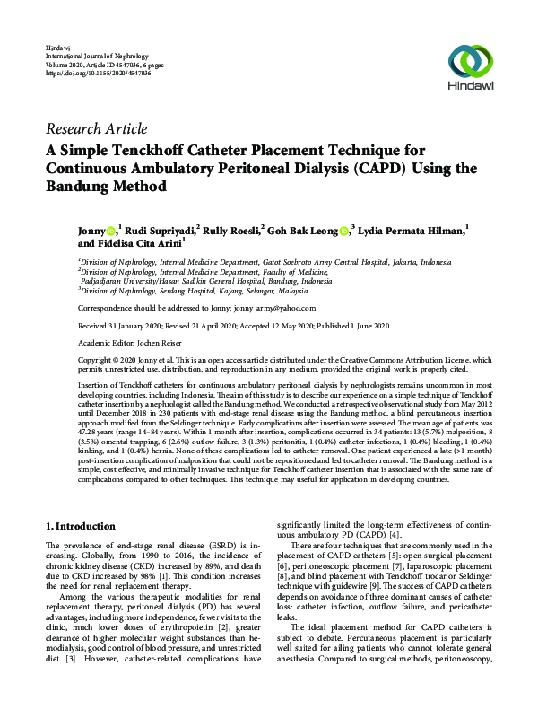 (PDF) A Simple Tenckhoff Catheter Placement Technique for Continuous ...