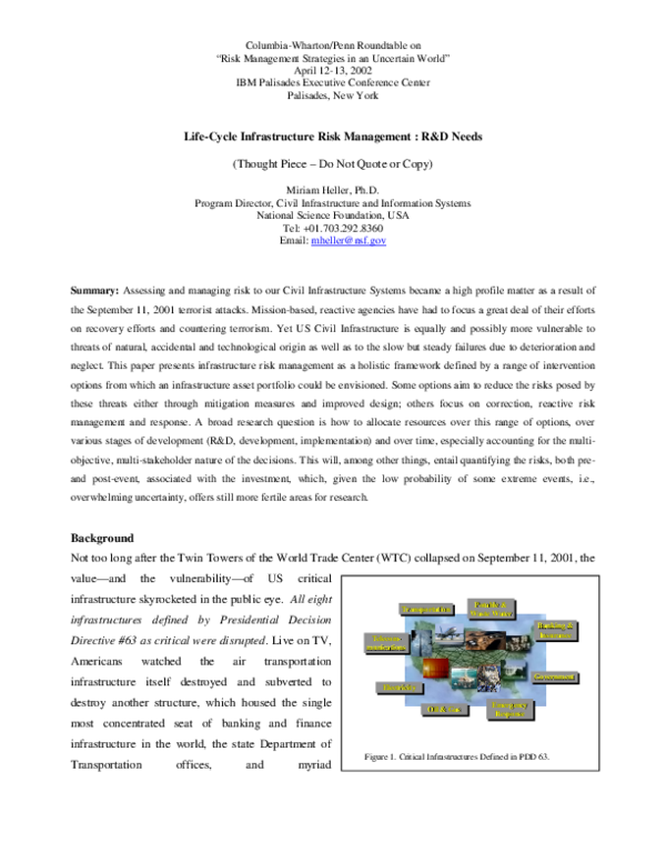 (PDF) Life-Cycle Infrastructure Risk Management: R&D Needs