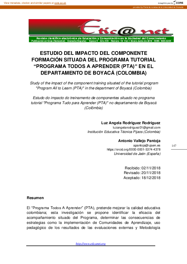 (PDF) Estudio del impacto del componente formación situada del Programa Tutorial “Programa todos ...