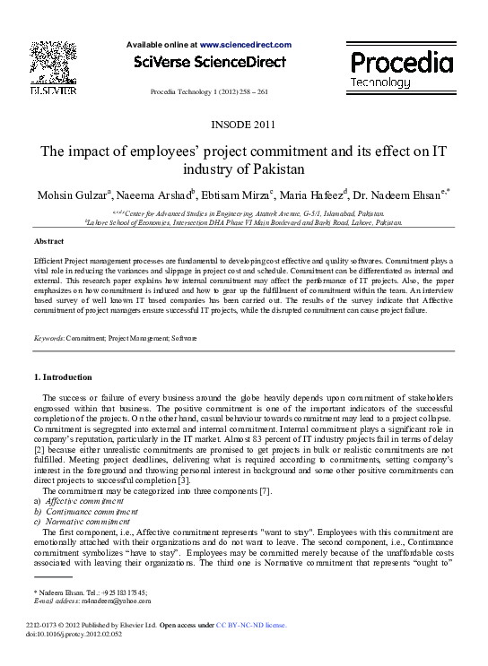 (PDF) The impact of employees’ project commitment and its effect on IT industry of Pakistan