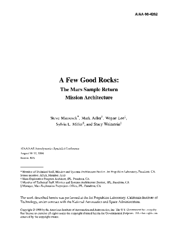 (PDF) A few good rocks - The Mars Sample Return Mission architecture