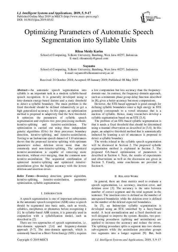 (PDF) Optimizing Parameters of Automatic Speech Segmentation into Syllable Units
