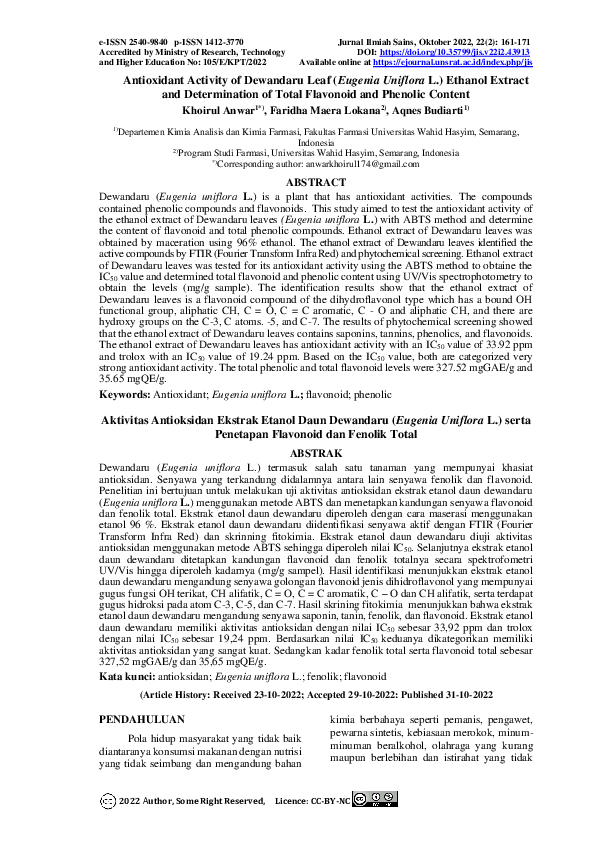 (PDF) Antioxidant Activity of Dewandaru Leaf (Eugenia Uniflora L.) Ethanol Extract and ...
