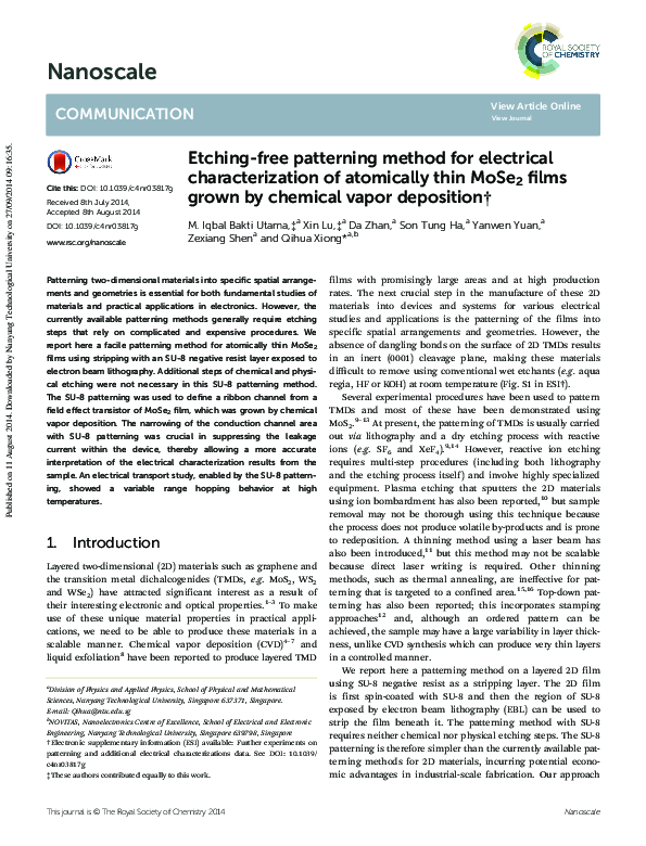 (PDF) Etching-free patterning method for electrical characterization of atomically thin ...