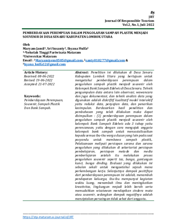 (PDF) Pemberdayaan Perempuan Dalam Pengolahan Sampah Plastik Menjadi Souvenir DI Desa Senaru ...