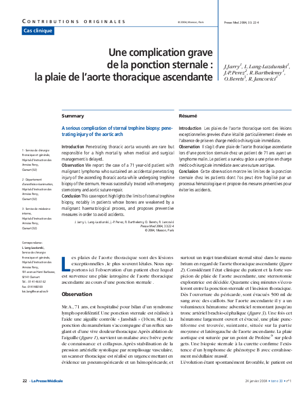 (PDF) Une complication grave de la ponction sternale : la plaie de l ...