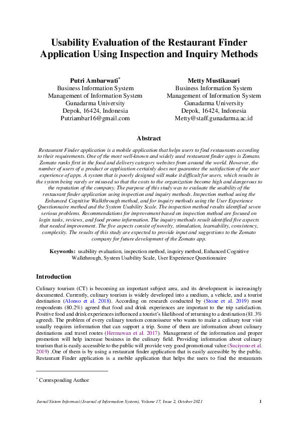 (PDF) Usability Evaluation of the Restaurant Finder Application Using Inspection and Inquiry Methods