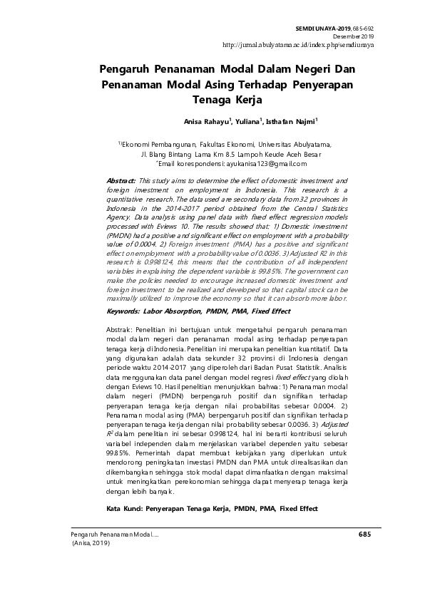 (PDF) Pengaruh Penanaman Modal Dalam Negeri Dan Penanaman Modal Asing Terhadap Penyerapan Tenaga ...
