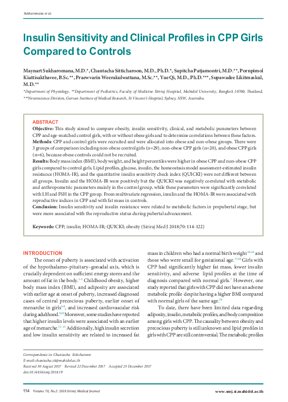 (PDF) Insulin Sensitivity and Clinical Profiles in CPP Girls Compared ...
