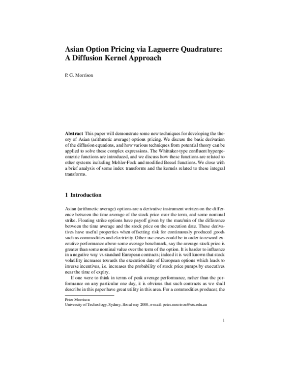 (PDF) Asian Option Pricing via Laguerre Quadrature: A Diffusion Kernel ... (PDF) Asian Option Pricing via Laguerre Quadrature: A Diffusion Kernel ...