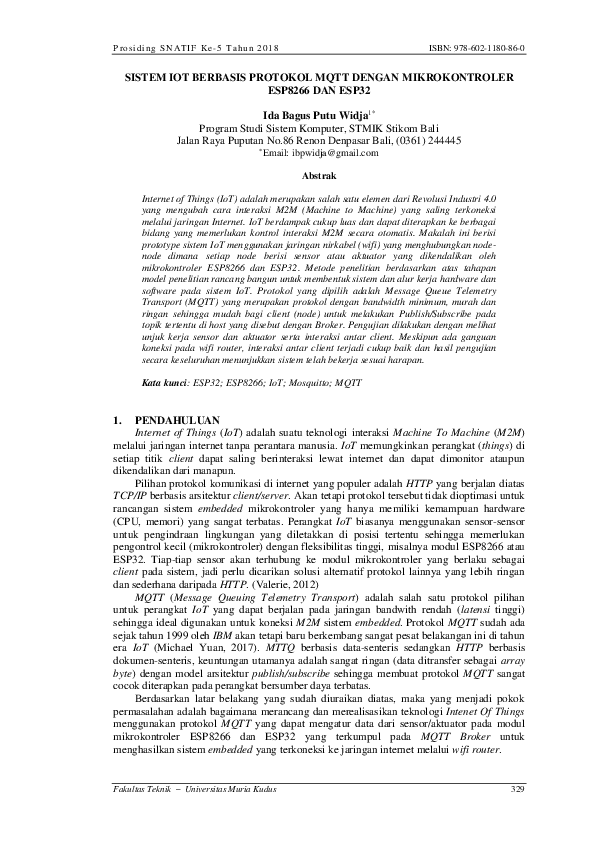 Pdf Sistem Iot Berbasis Protokol Mqtt Dengan Mikrokontroler Esp8266
