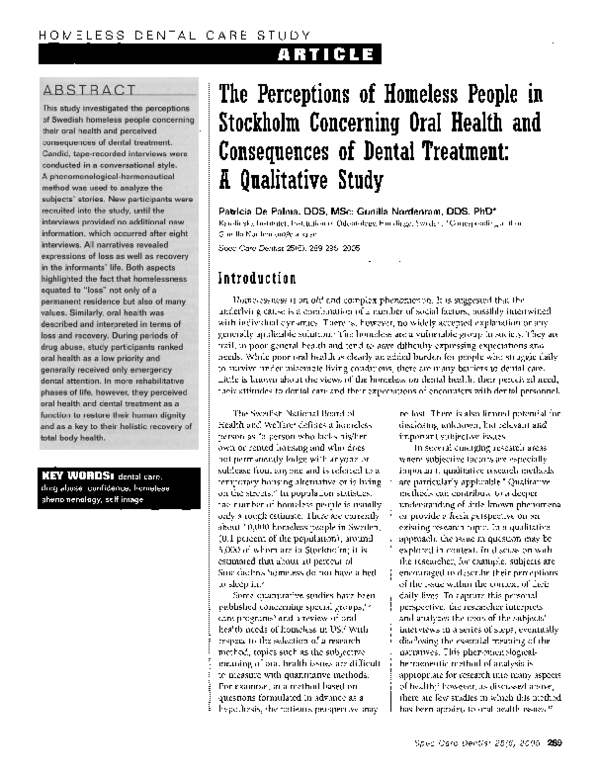 (PDF) The Perceptions of Homeless People in Stockholm Concerning Oral ...