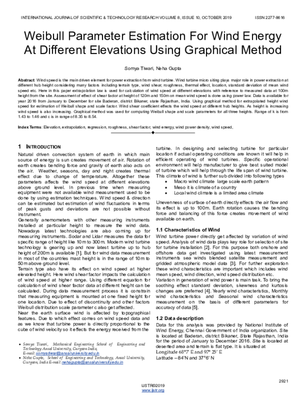 (PDF) Weibull Parameter Estimation For Wind Energy At Different Elevations Using Graphical Method