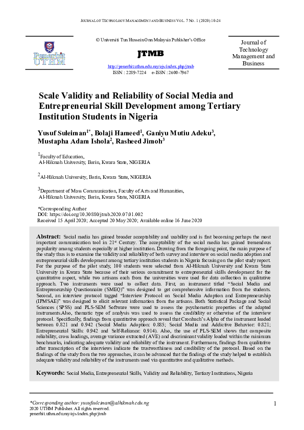 (PDF) Scale Validity and Reliability of Social Media and ...
