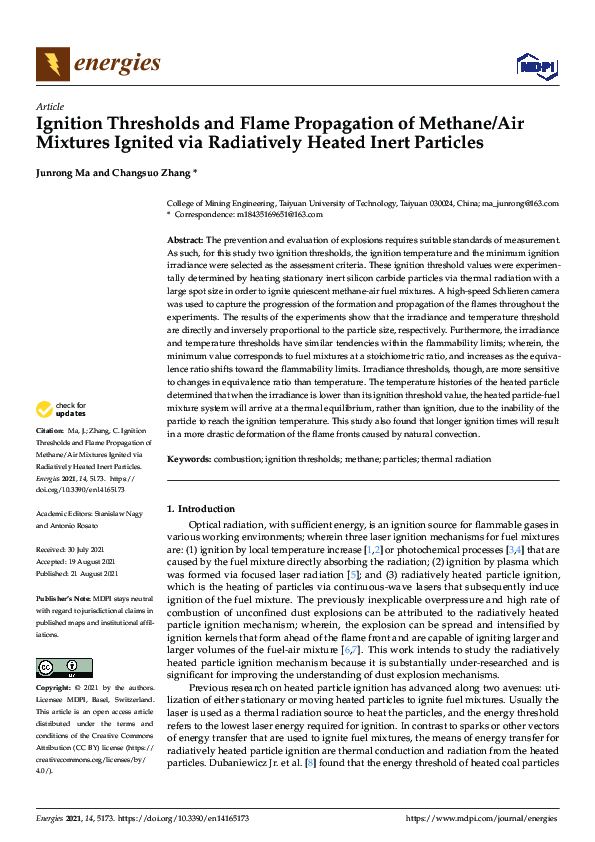 (PDF) Ignition Thresholds and Flame Propagation of Methane/Air Mixtures ...