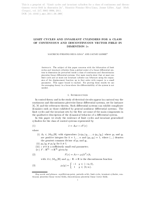 (PDF) Limit cycles and invariant cylinders for a class of continuous and discontinuous vector ...