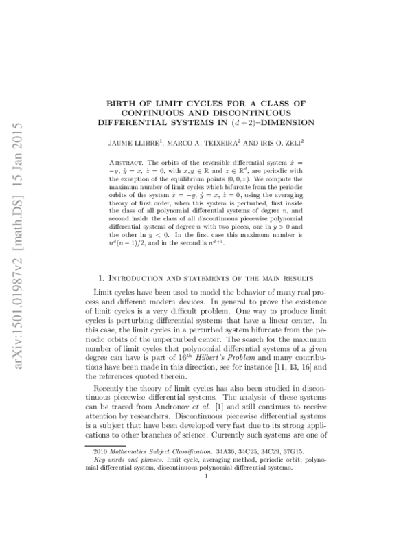 (PDF) Birth of limit cycles for a class of continuous and discontinuous differential systems in ...